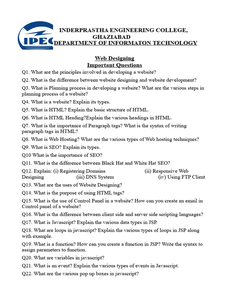 WD - Important Questions | PDF | Html | Internet