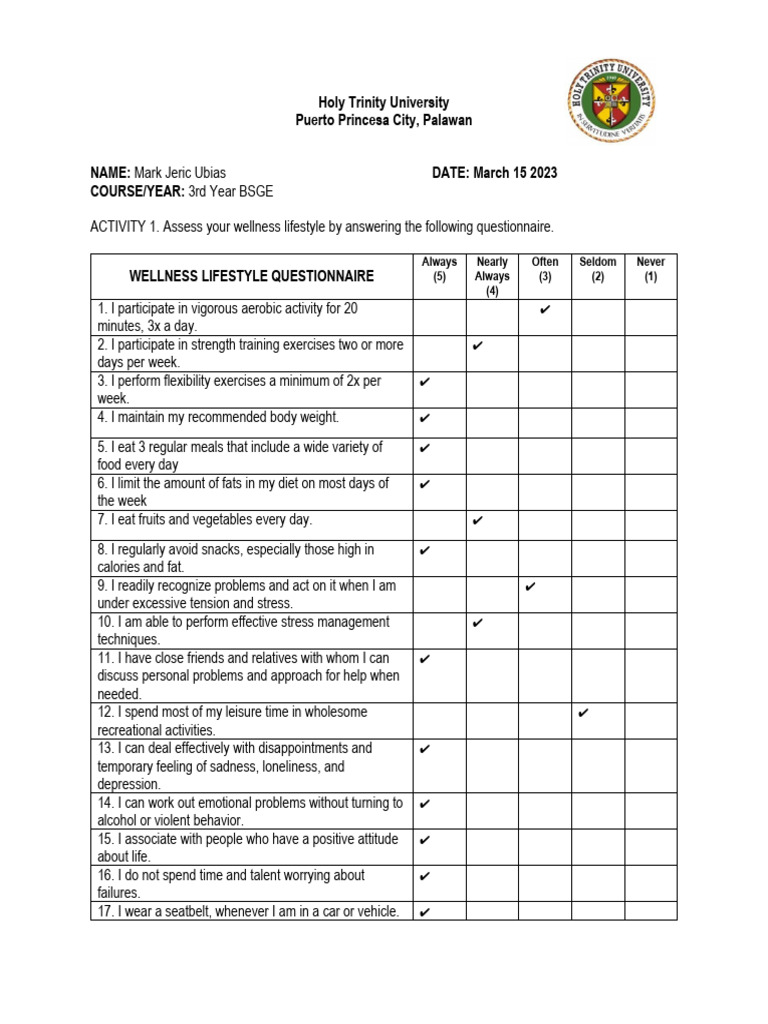Wellness Lifestyle Questionnaire | PDF | Dieting | Determinants Of Health