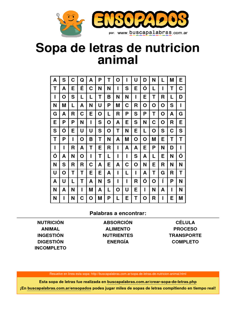 Sopa de Letras de Nutricion Animal | PDF