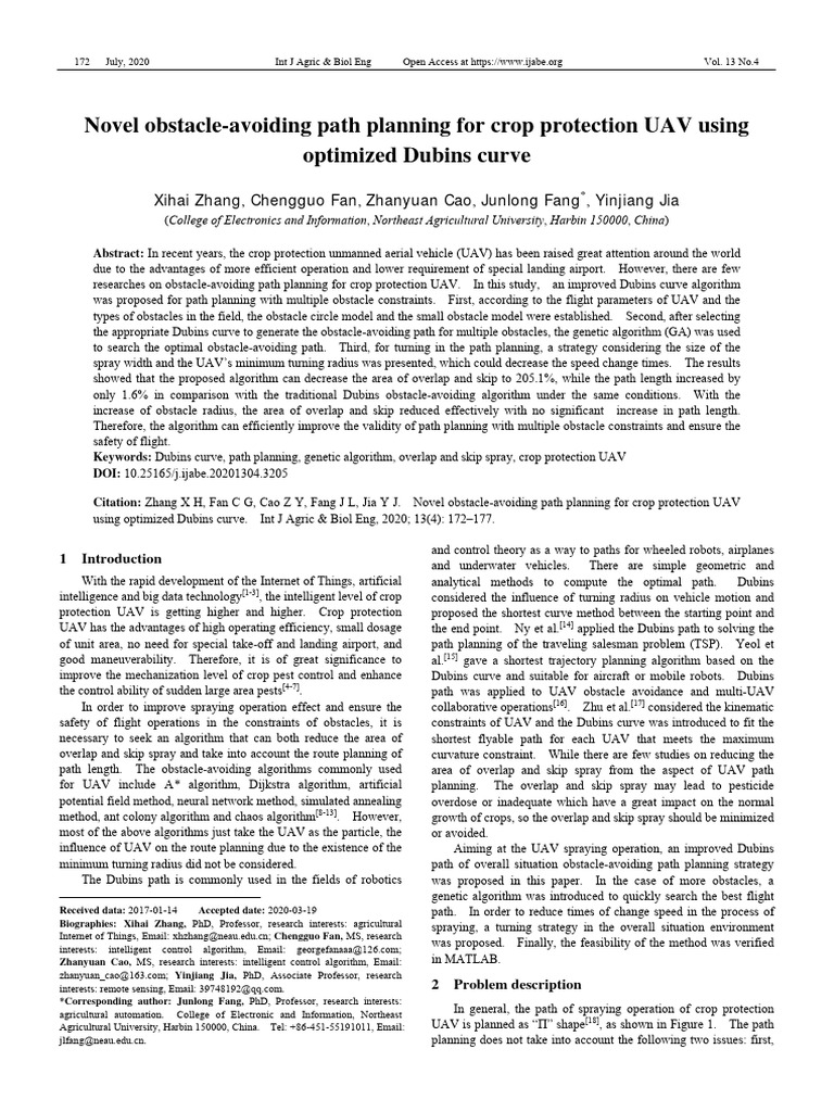 Novel Obstacle-Avoiding Path Planning For Crop Protection UAV Using Optimized Dubins Curve | PDF ...