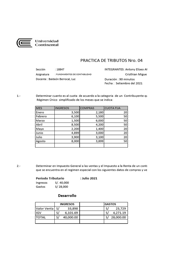 Practica de Tributos Nro 04 - Fundamentos de La Contabilidad | PDF | Impuestos | Impuesto sobre ...