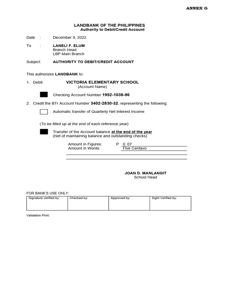 Annex G Authority To Transfer Funds To BTR LANDBANK | Download Free PDF ...