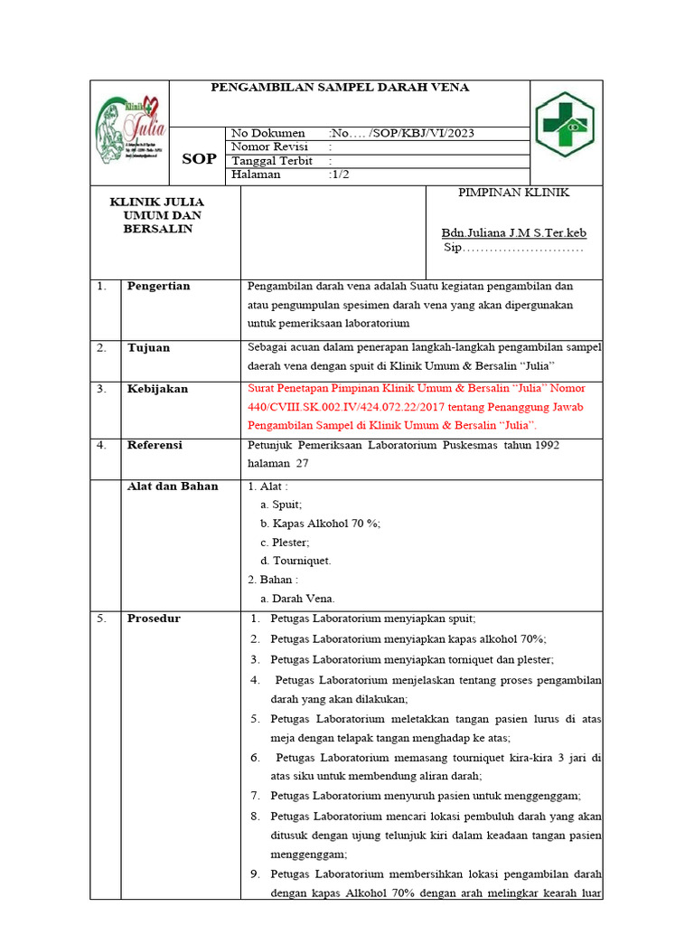 SOP Pengambilan Darah Vena | PDF | Sains & Matematika