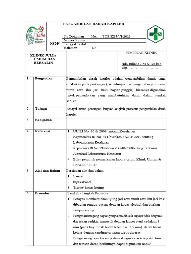 SOP Pengambilan Darah Kapiler | PDF | Sains & Matematika