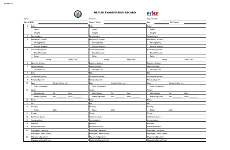 Form 86 Health Examination Record | PDF | Medicine | Clinical Medicine