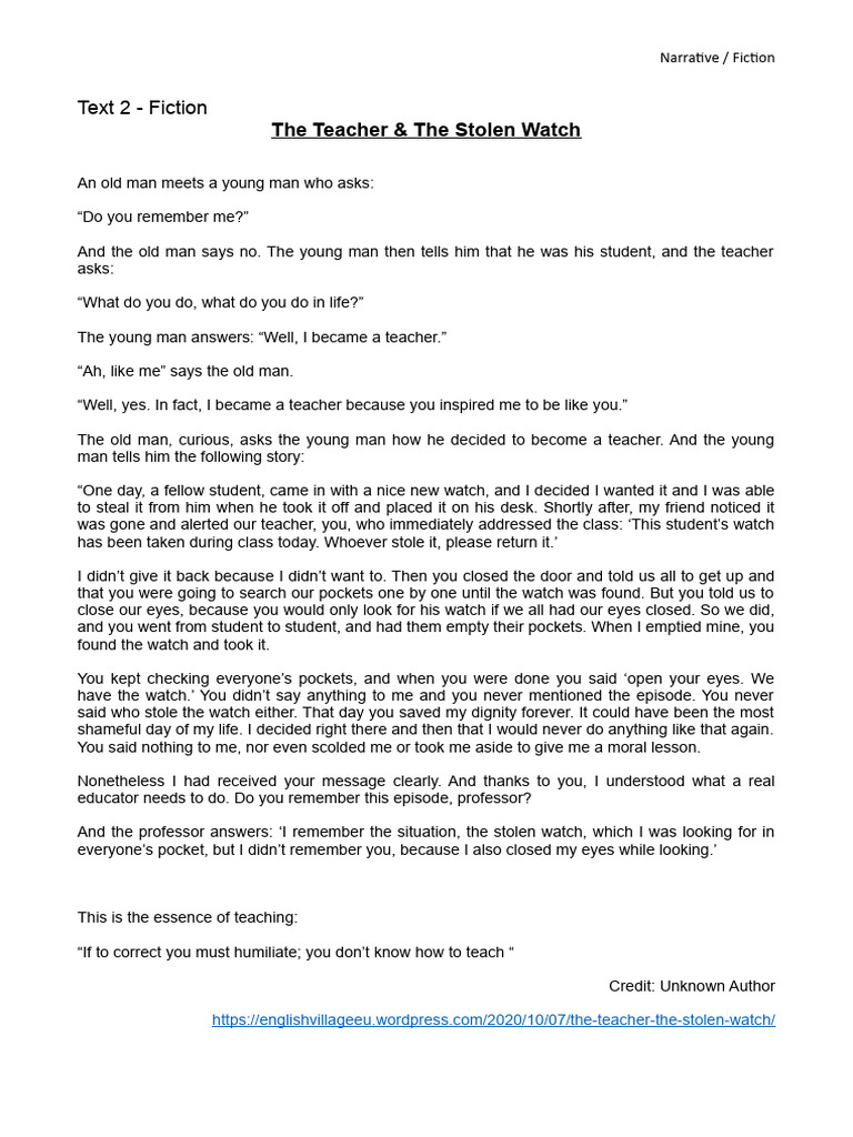 Fiction - The Teacher & The Stolen Watch | PDF | Behavior | Cognition