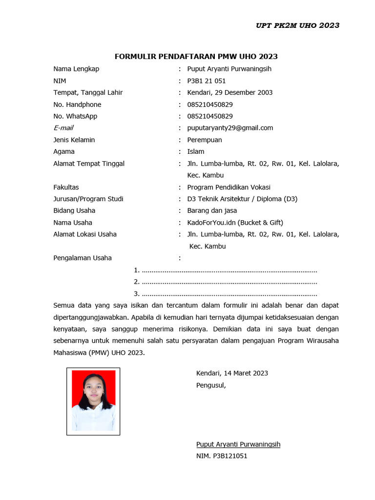 Formulir Pendaftaran PMW Uho 2023 | PDF