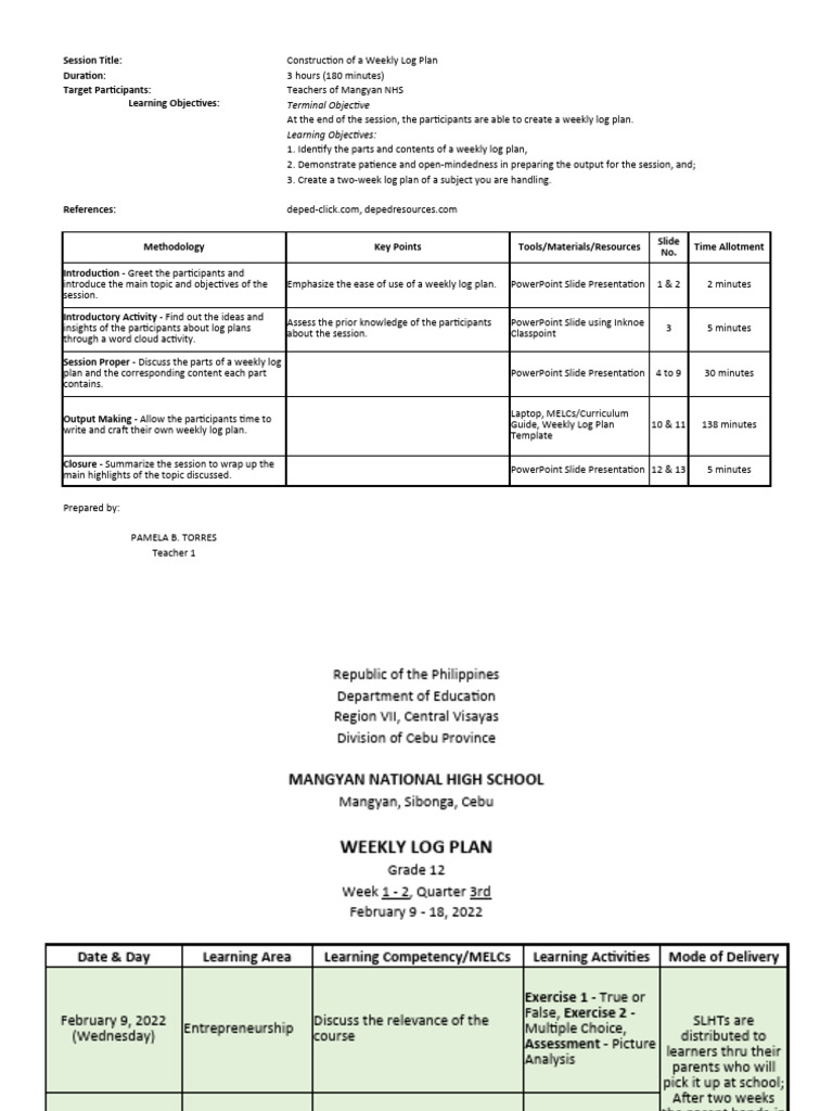 Weekly Log Plan Template | Download Free PDF | Learning | Cognition