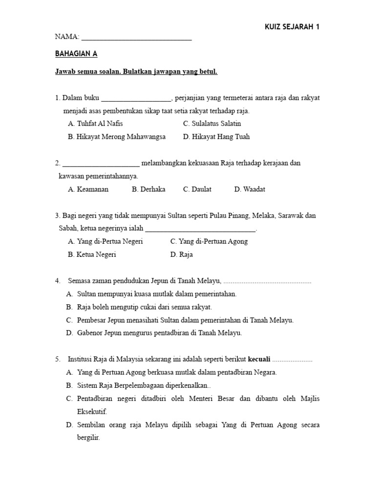 Soalan Sejarah Tahun 5 Unit 1 & 2 | PDF