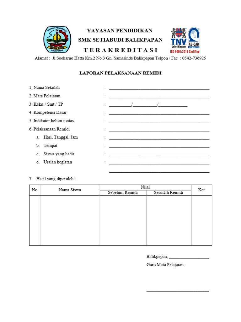 Laporan Pelaksanaan Remidi | PDF