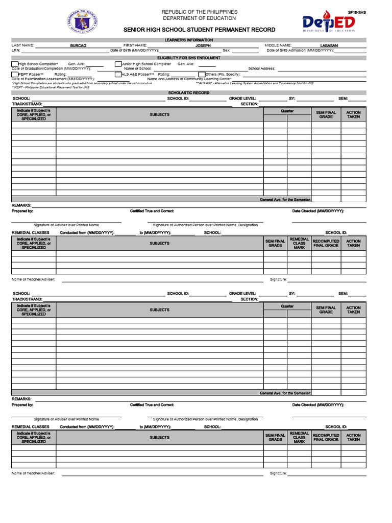 School Form 10 SF10-SHS Senior High School Student Permanent Record ...