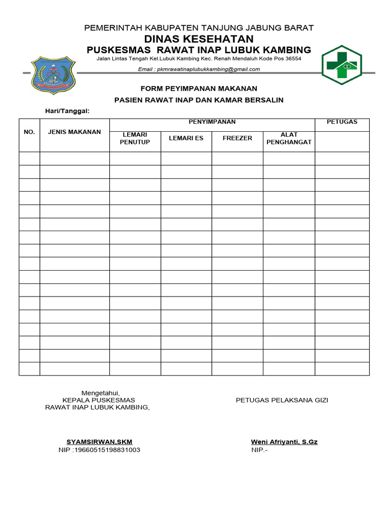 Form Penyimpanan Makanan Pasien | PDF