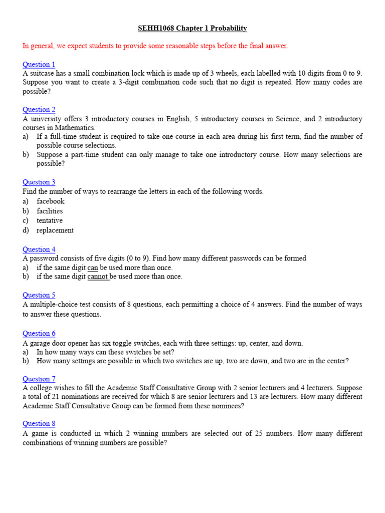 SEHH1068 Chapter 1 Probability Exercise | Download Free PDF | Probability | Dice
