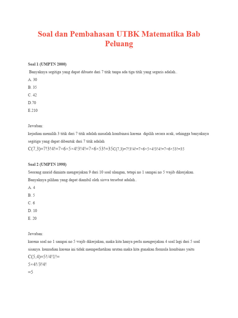 Soal Dan Pembahasan UTBK Matematika Bab Peluang | PDF