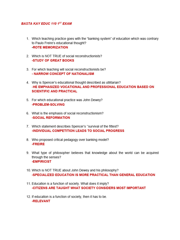 Basta Kay Educ 110 1st Exam 2 | PDF | John Dewey | Curriculum