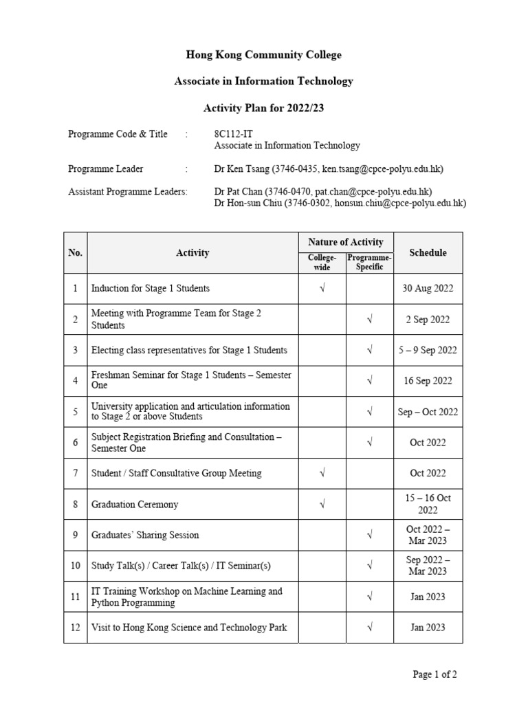 8C112-IT Activity Plan (2022-23) | PDF