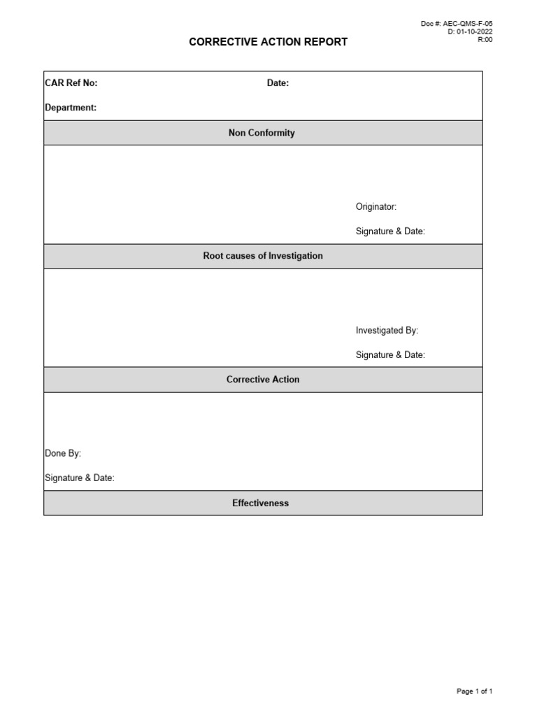 F-05 Corrective Action Form | PDF