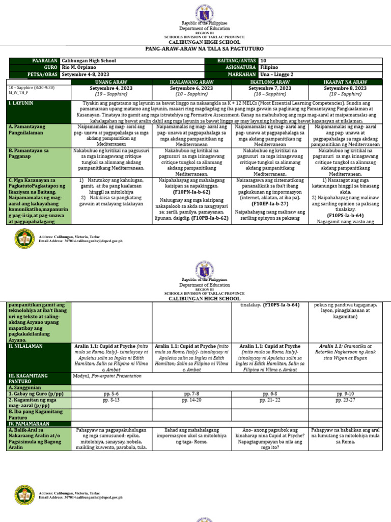 DLL Filipino 10 - Week 2 | PDF