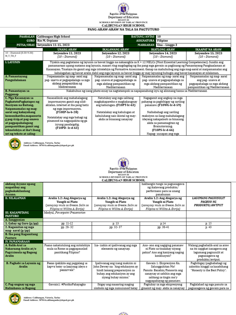DLL Filipino 10 - Week 3 | PDF