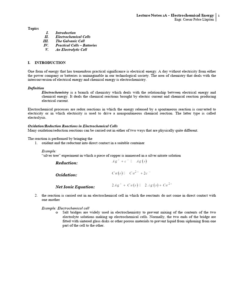 Lecture Notes 2A Electrochemical Energy 2019 Part 1 | PDF | Redox ...