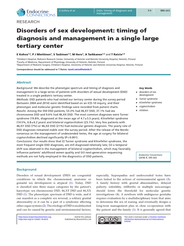 Disorders Of Sex Development Timing Of Diagnosis And Management In A Single Large Tertiary