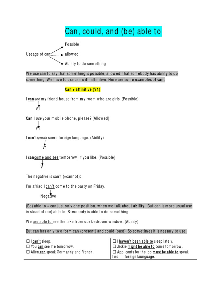 Can, Could, and - Be - Able To | PDF | Grammatical Tense | Verb