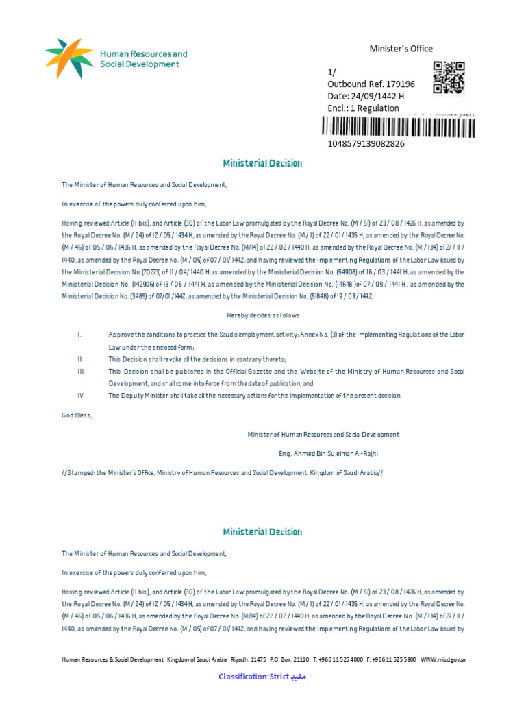 Ministerial Decision: Minister's Office 1/ Outbound Ref. 179196 Date ...
