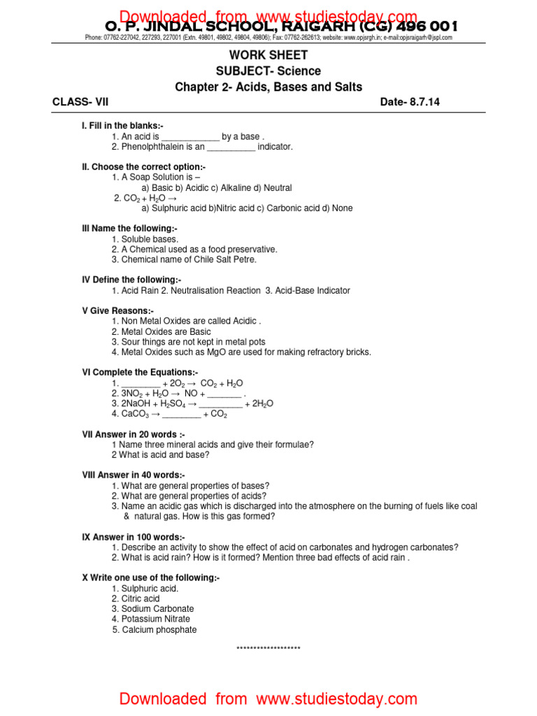 CBSE Class 7 Science - Acids Bases and Salts | PDF | Acid | Salt ...