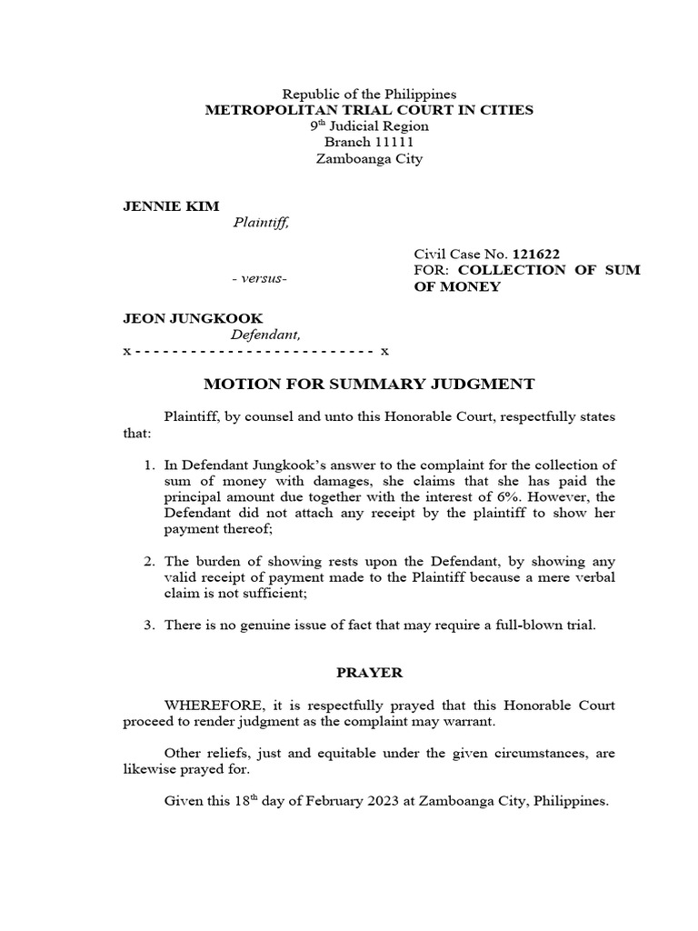 Motion For Summary Judgment Sample | PDF | Law