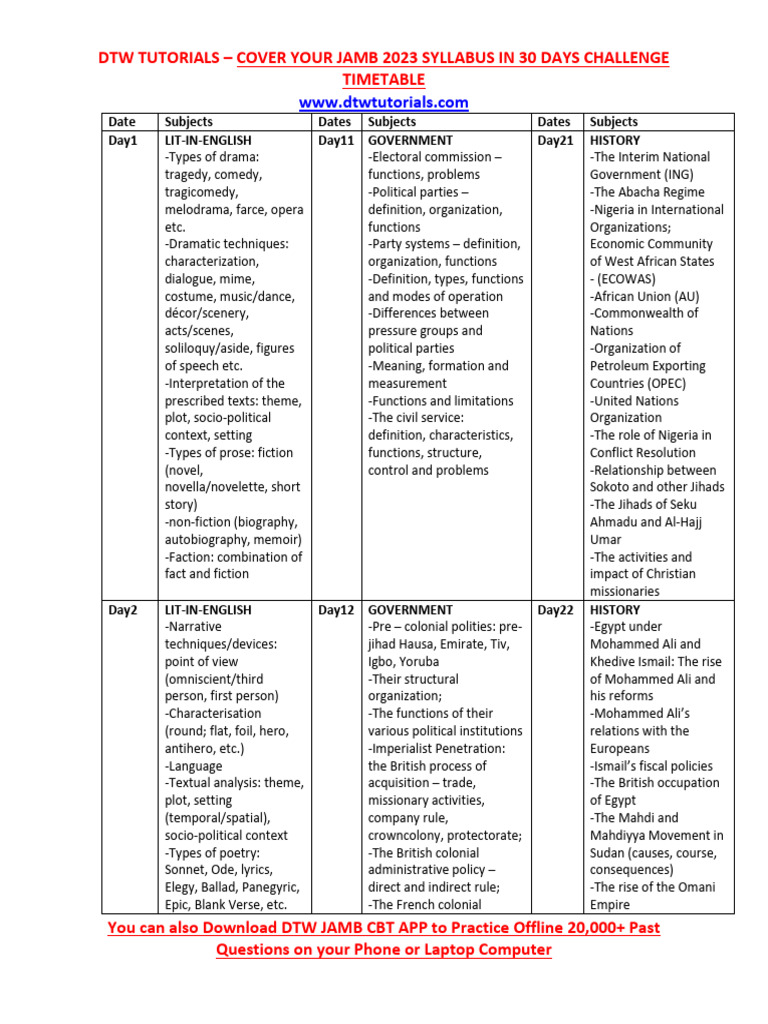 Govt Hist Lit Eng Timetable - DTW Tutorials Jamb 2023 | Download Free PDF | Nigeria | Africa