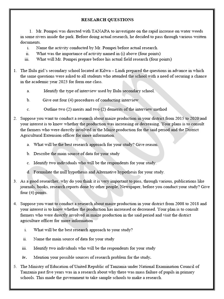 Research Questions | PDF | Sampling (Statistics) | Hypothesis