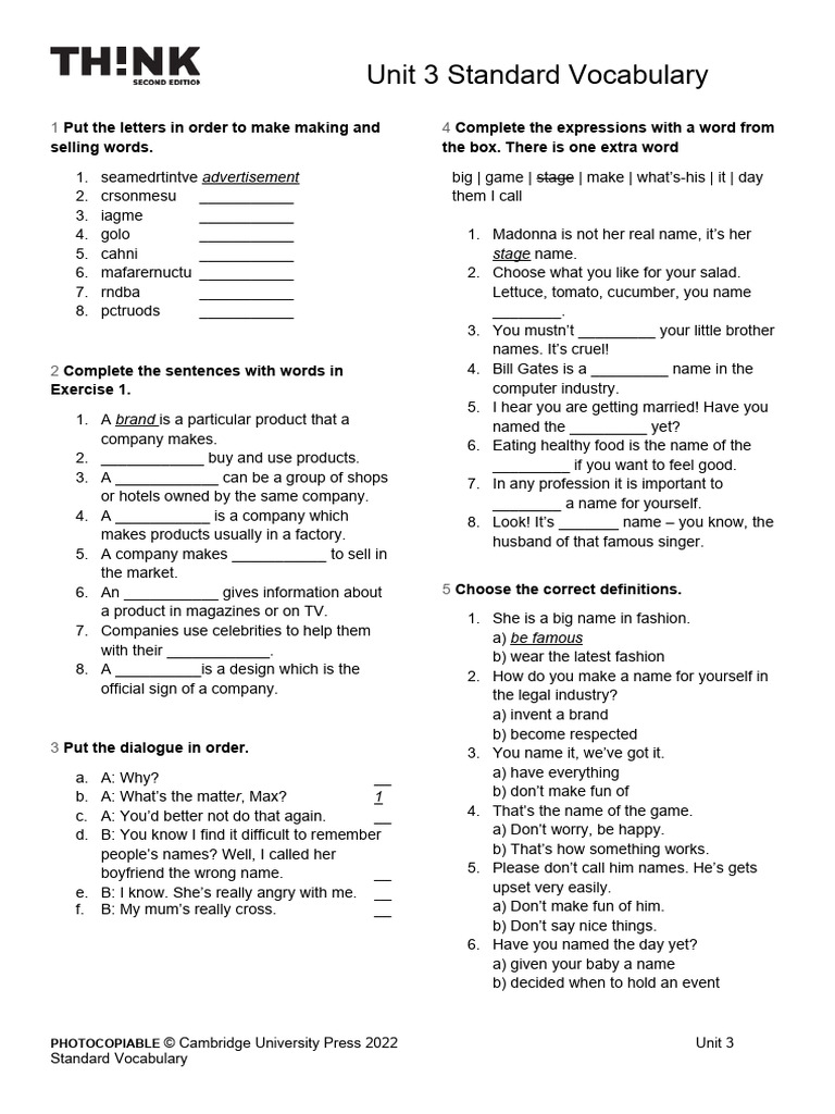 Thk2e BrE L3 Vocabulary Standard Unit 3 | PDF | Brand | Marketing