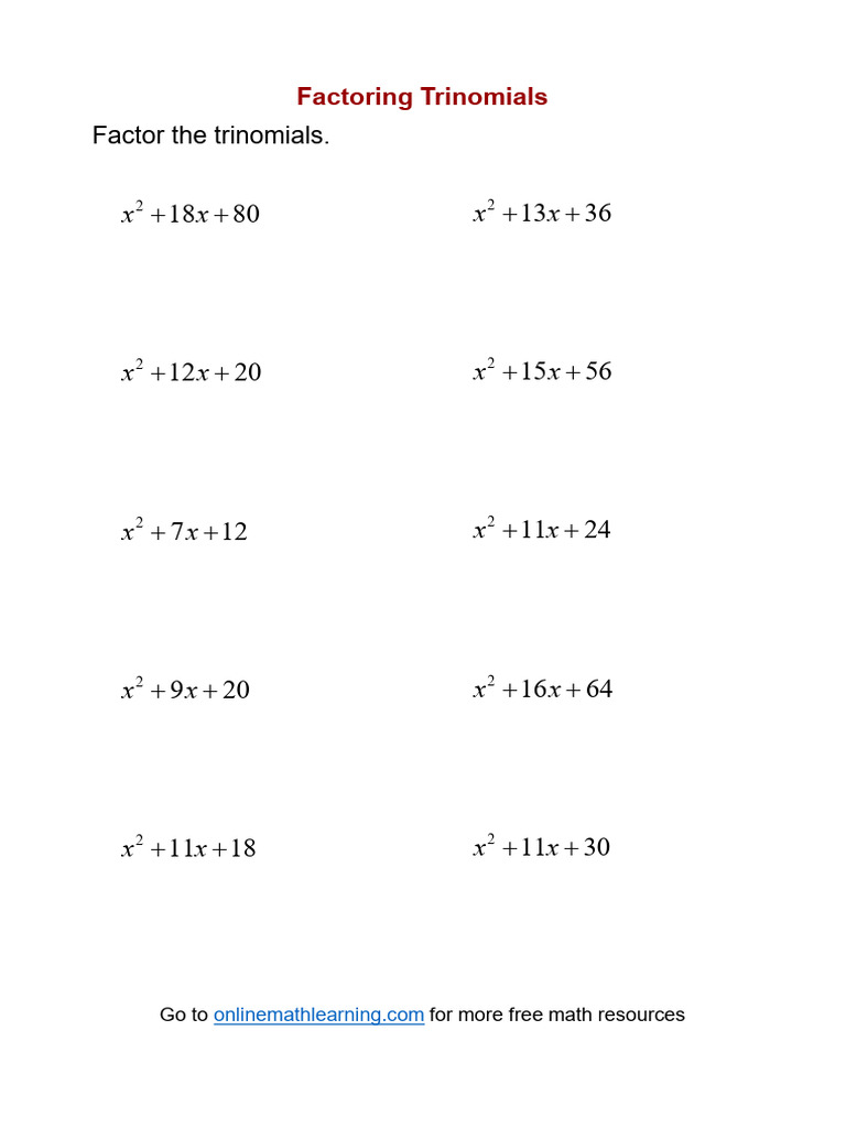 Factoring Trinomials Worksheet | PDF