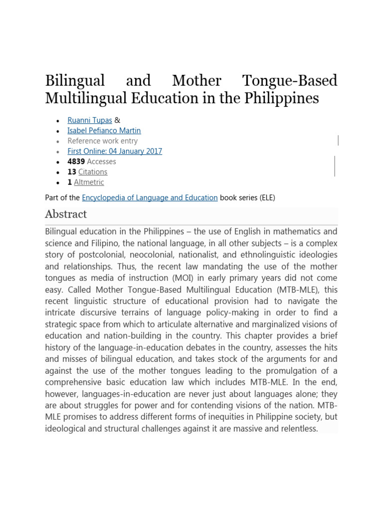MTB-MLE in Philippine Education | PDF | Language Arts & Discipline ...