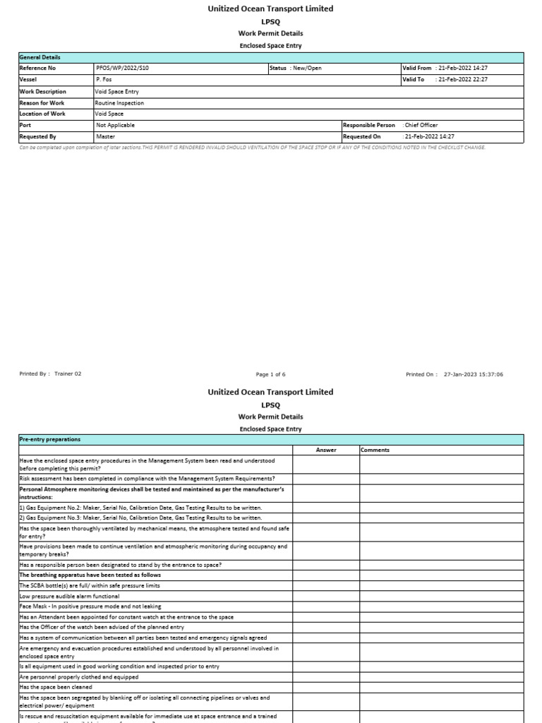 Enclosed Space Entry Work Permit Guide | PDF | Atmospheric Entry | Underwater Diving