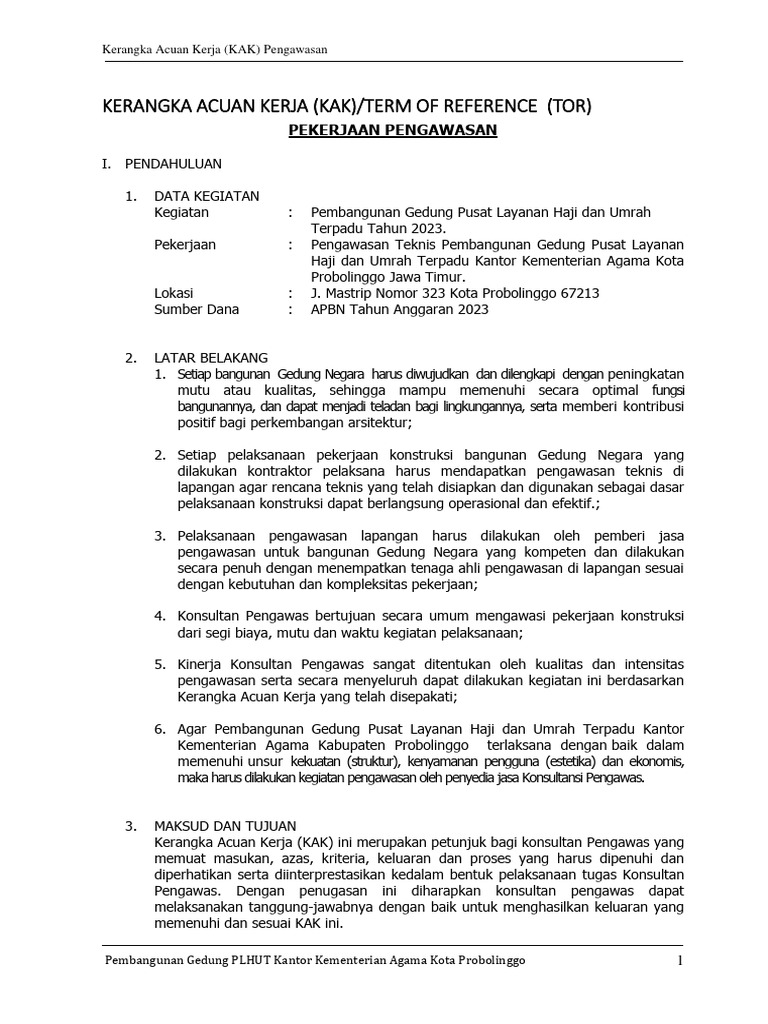 Kerangka Acuan Kerja (Kak) /term of Reference (Tor) : Pekerjaan ...