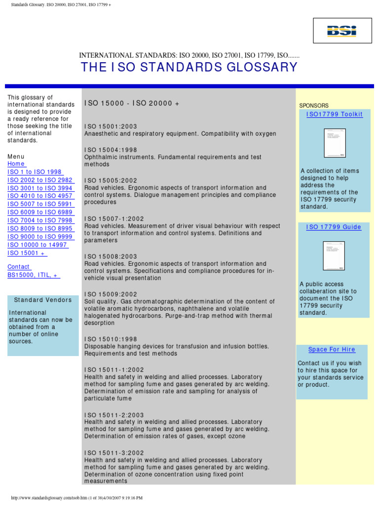 Standards Glossary. ISO 20000, IsO 27001, IsO 17799 + | PDF | Barcode | Screw