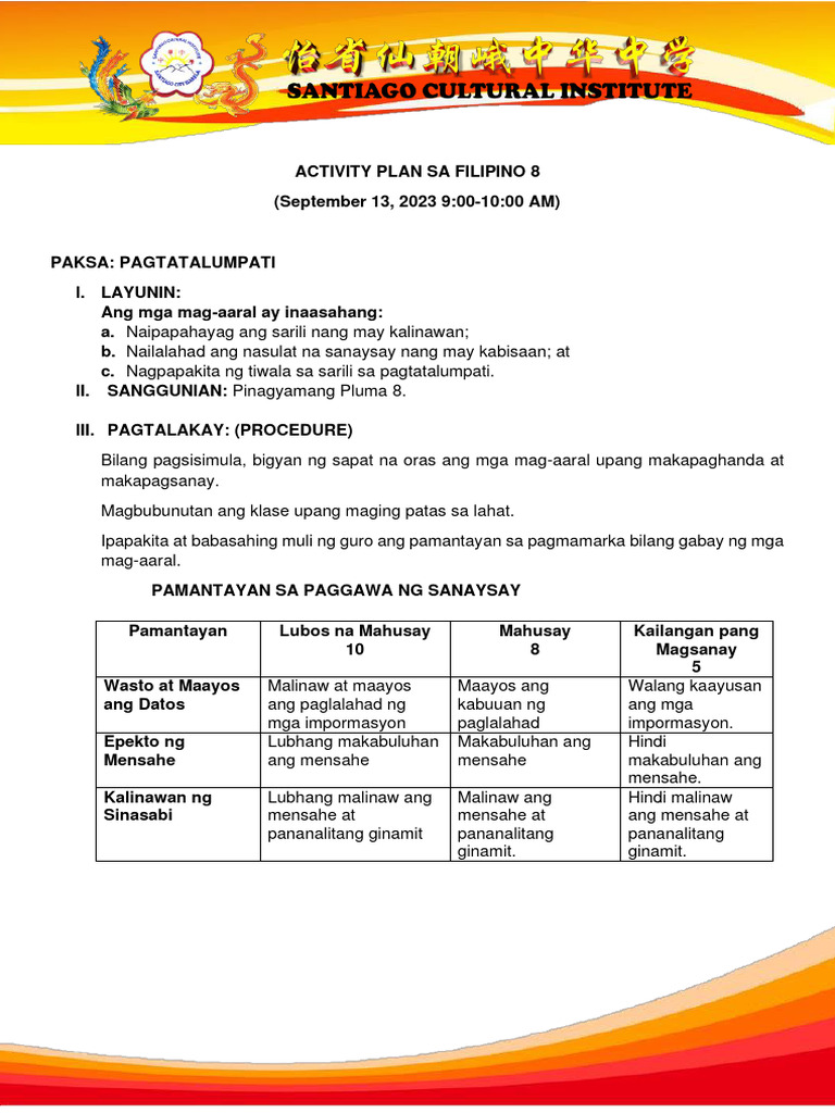 Activity Plan - Fil 8 - PAGTATALUMPATI | PDF