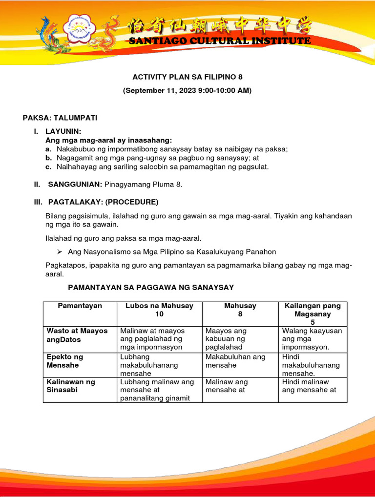 Activity Plan-Fil 8- Talumpati | PDF