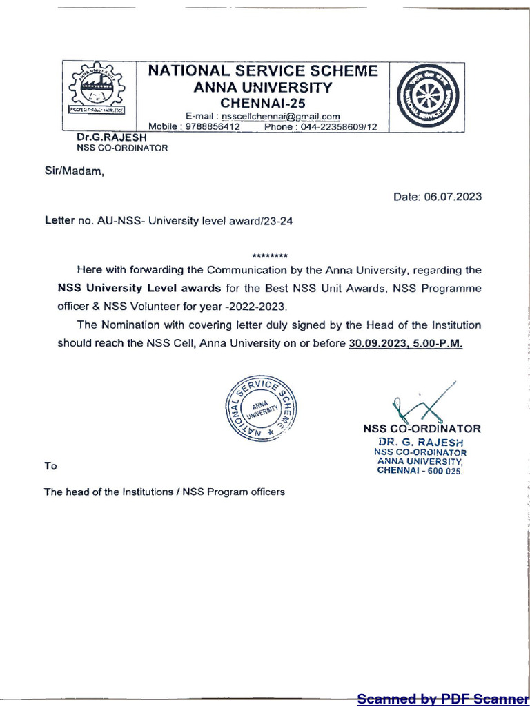NSS Award Nomination Proforma 2022-2023 | PDF