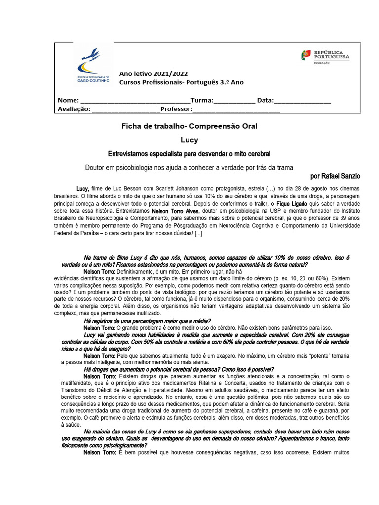 Guião Filme Lucy | PDF | Cérebro | Neurociência