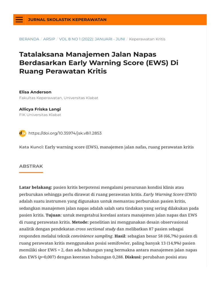 Tatalaksana Manajemen Jalan Napas Berdasarkan Early Warning Score (EWS) Di Ruang Perawatan ...