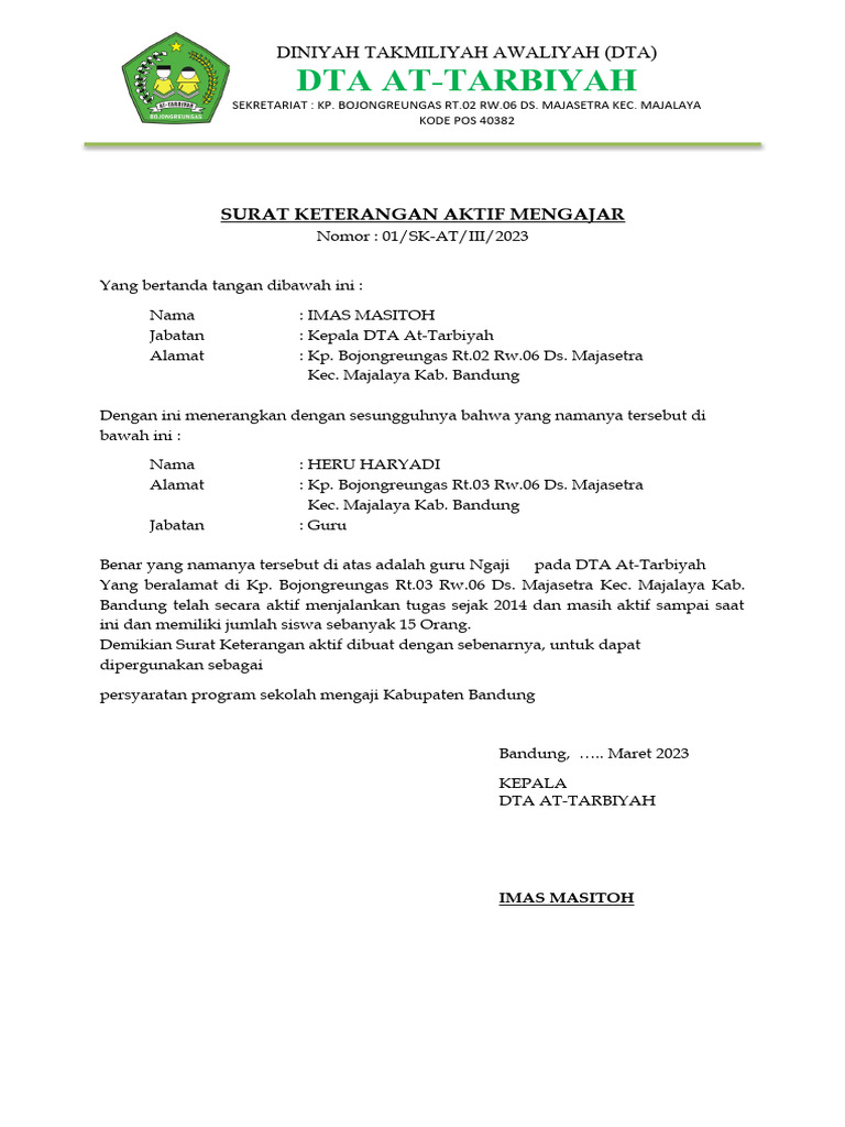 Surat Aktif Mengajar DTA At-Tarbiyah | PDF