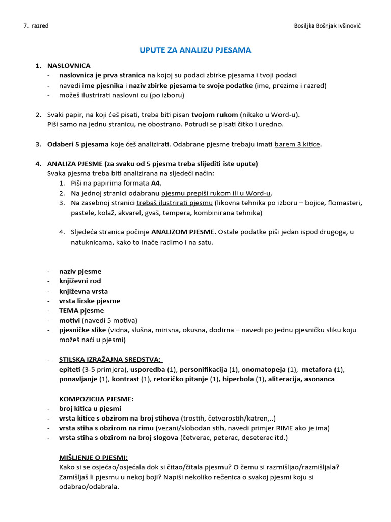 Analiza Lirske Pjesme (Listić) - 7. Razred | PDF