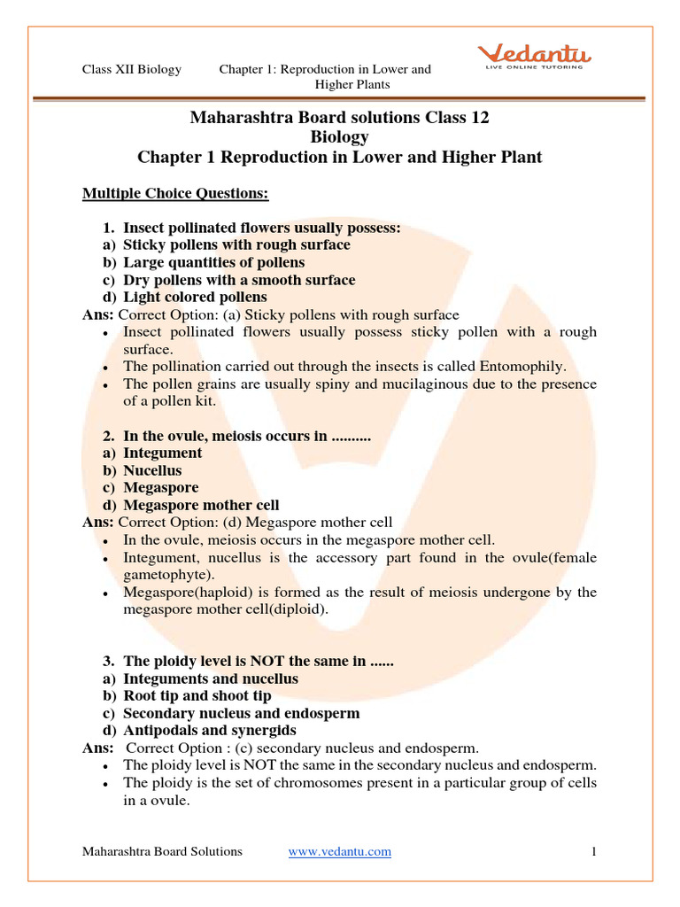Maharashtra Board Class 12 Solutions For Biology Chapter 1 Reproduction ...