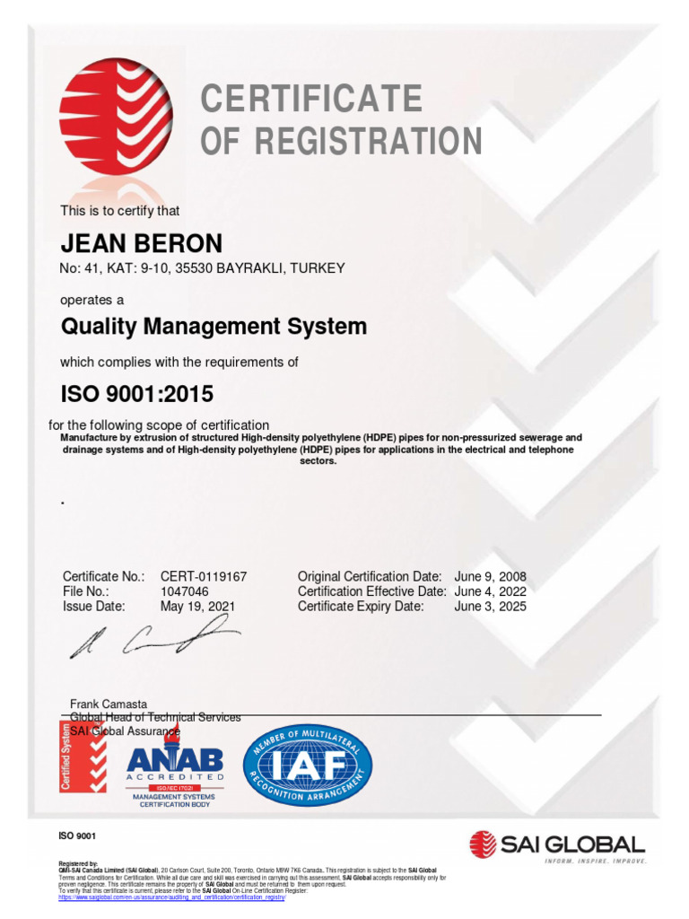 ISO 9001 Certification for HDPE Pipes | PDF