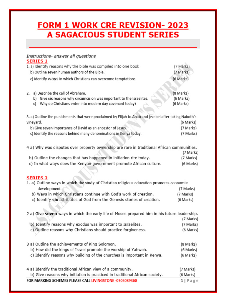 Cre Form 1 Work Revision Questions Pdf Covenant Biblical The Exodus