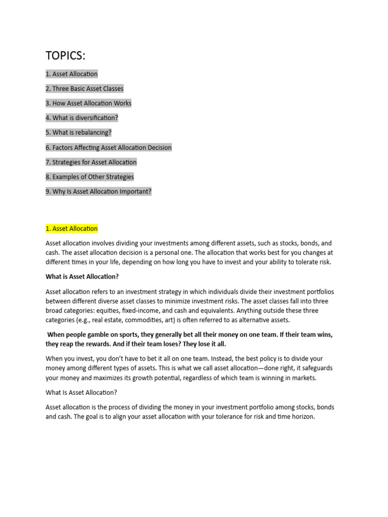 Ipm Report Final Topics | PDF | Asset Allocation | Diversification ...