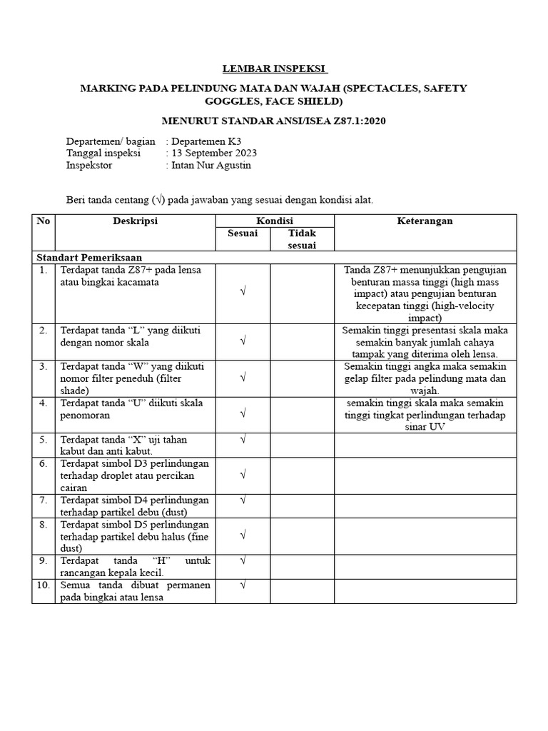 Lembar Inspeksi Pelindung Mata Dan Wajah | PDF