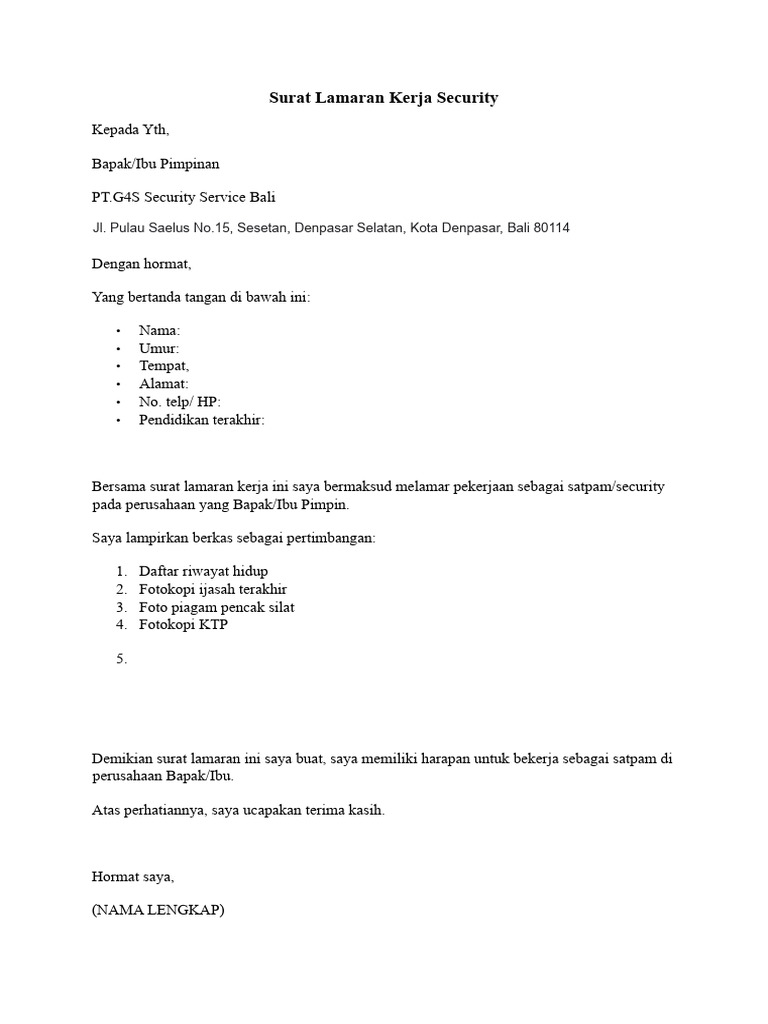 Contoh Surat Lamaran Kerja Security | PDF